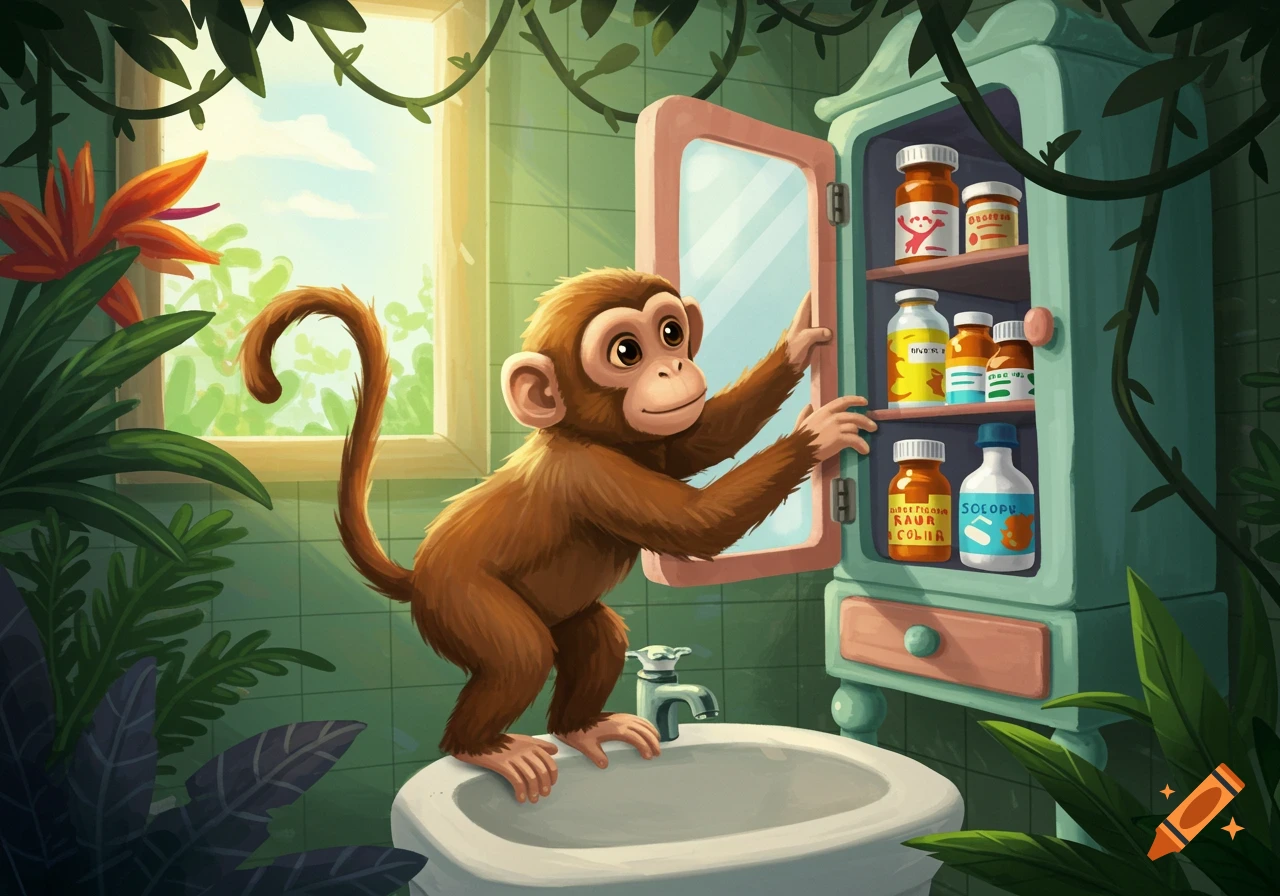 A cartoon monkey stands on a sink in a jungle bathroom, reaching into a ...