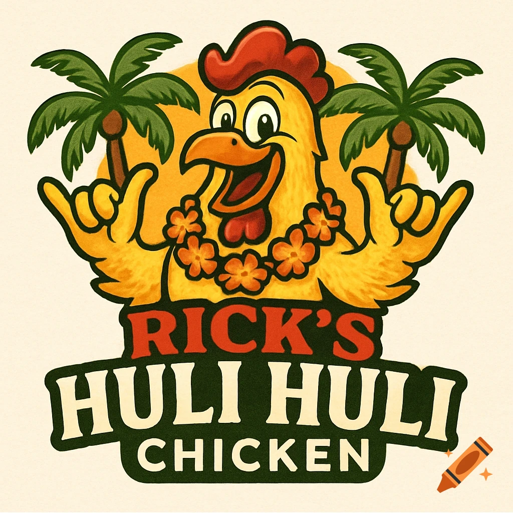 Cartoon chicken mascot logo with Shaka hands, flower lei, palm trees ...