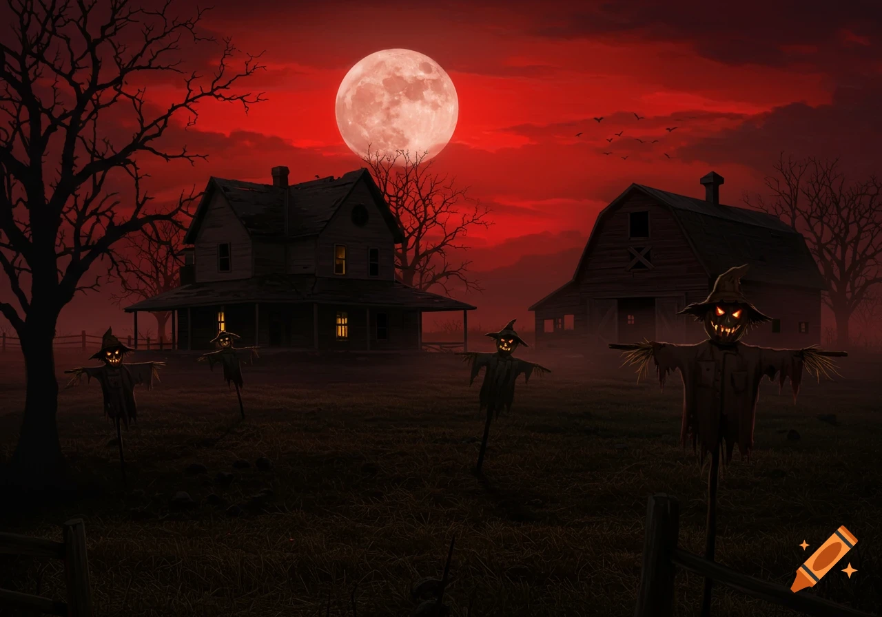 Spooky farmhouse and barn with scarecrows in a field under a blood-red ...