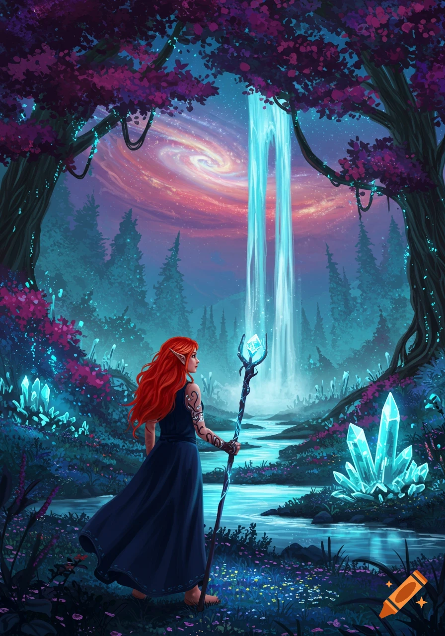 A fantasy illustration of an elf standing in a glowing crystal forest ...