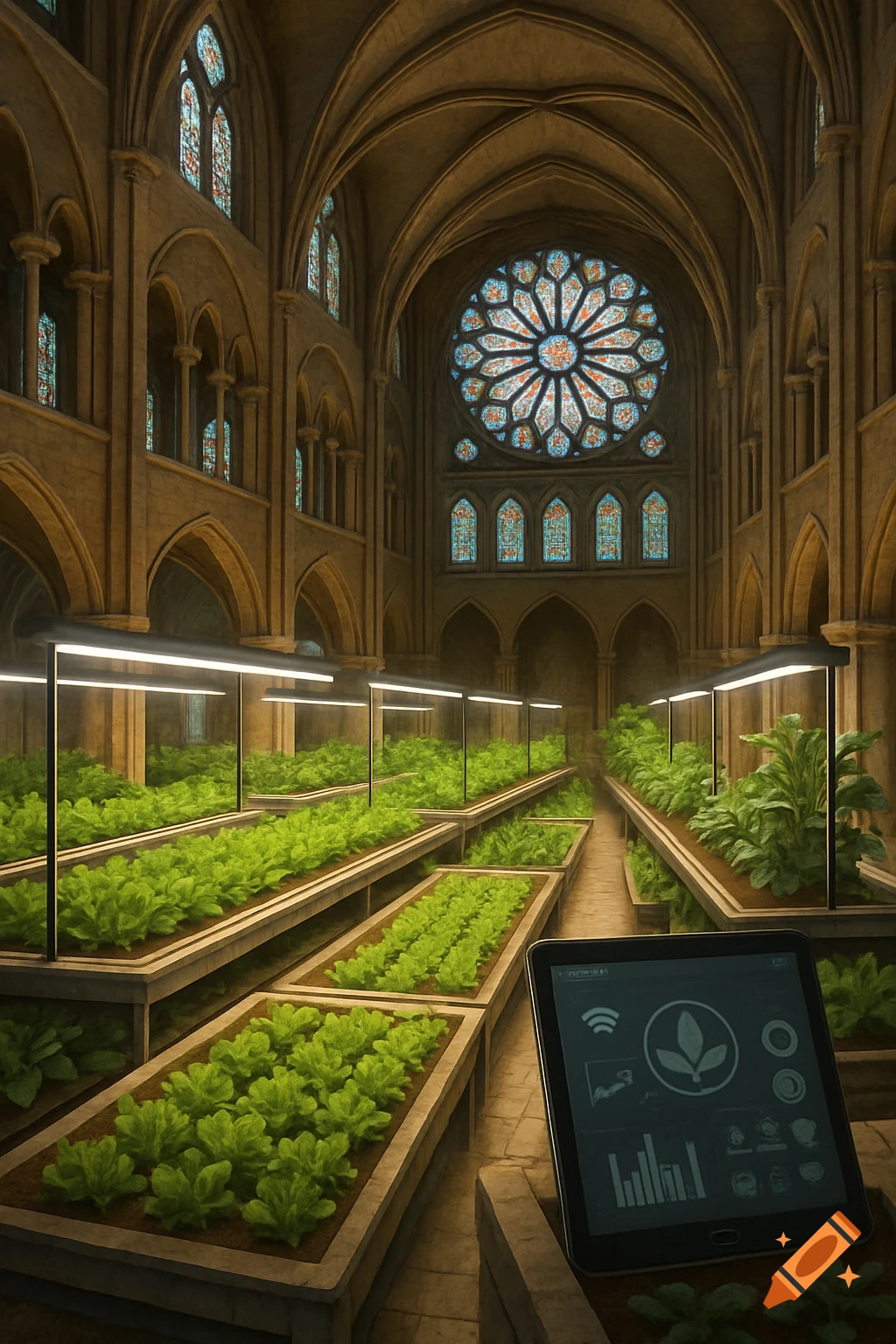Indoor smart farm inside a large church with rows of plants, grow ...