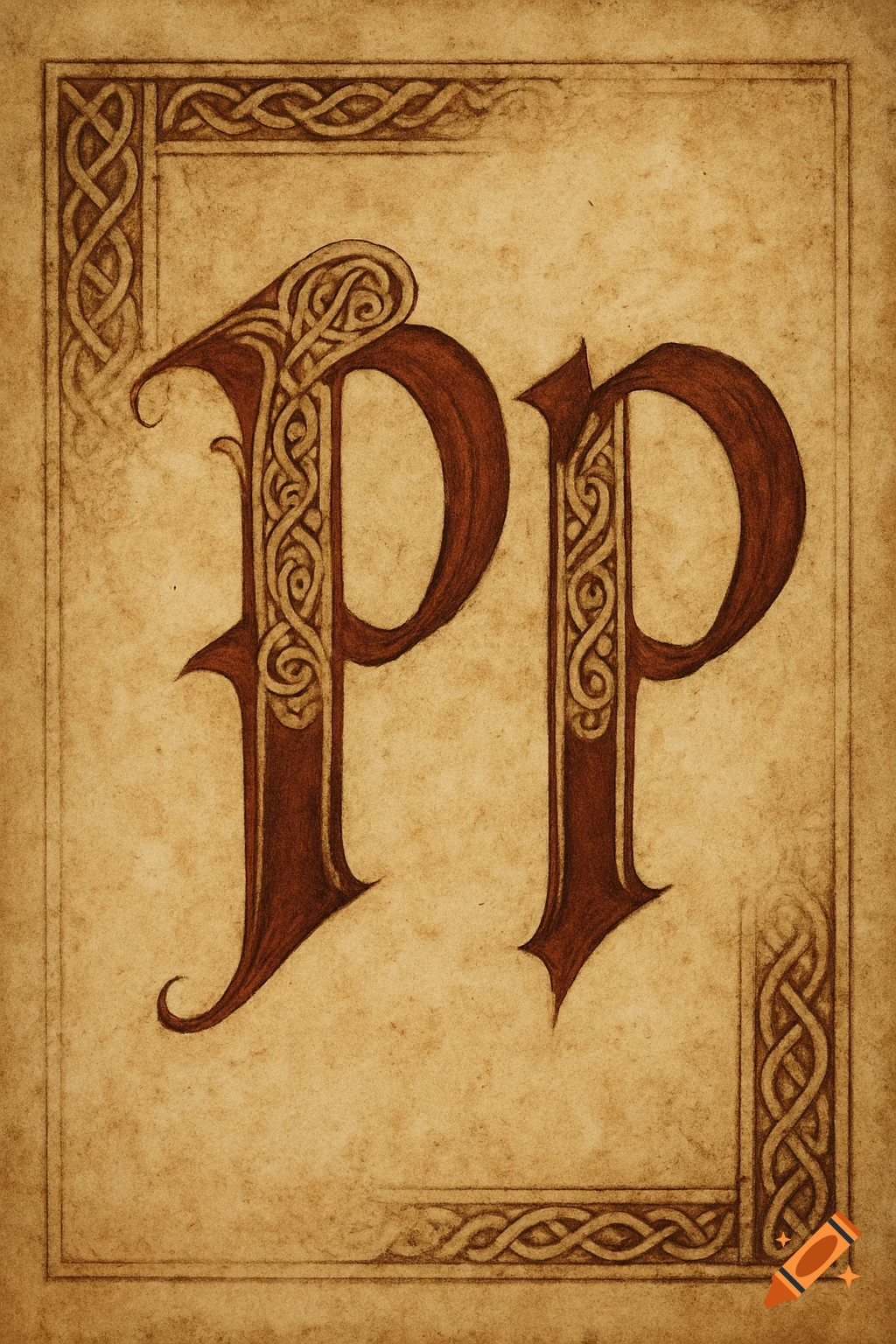 Illuminated calligraphy initials PP in the style of an old monks ...