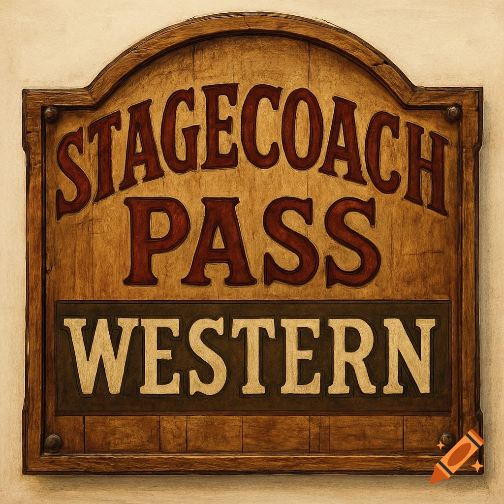 A wooden sign in western style reads 'STAGECOACH PASS WESTERN'. on Craiyon