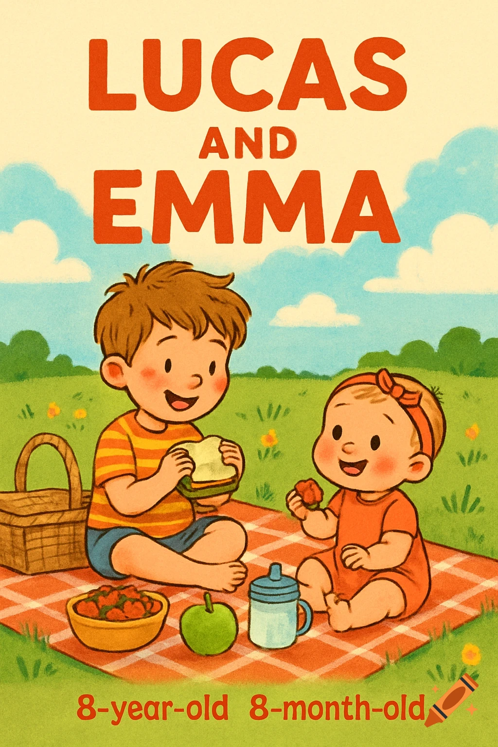 Colorful illustration of two kids, Lucas (8) and Emma (8mo), having a ...