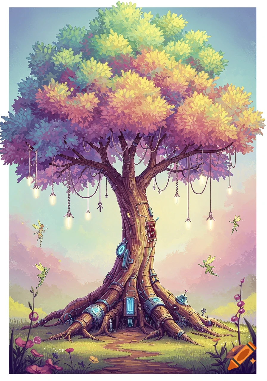 Whimsical illustration of a large mechanical tree with colorful leaves ...