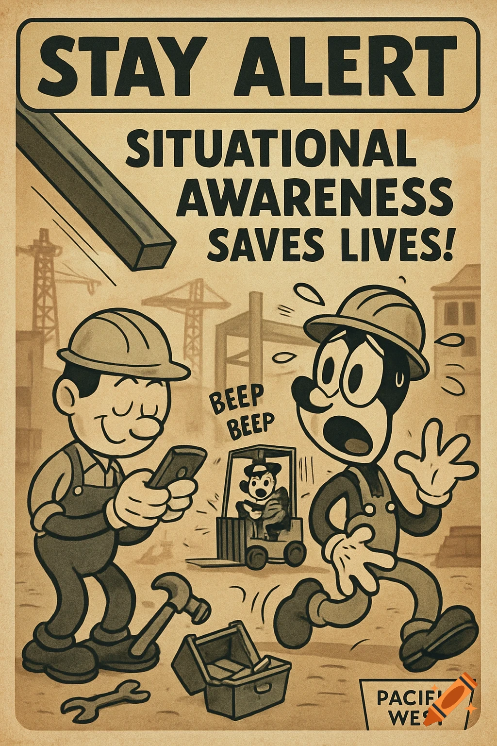 Retro rubber hose cartoon safety poster: distracted worker misses ...