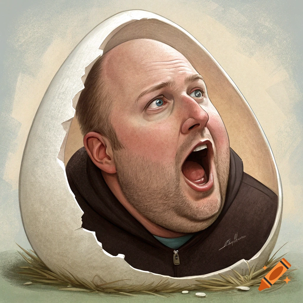 A detailed illustration shows a man's exaggerated face with a wide open ...