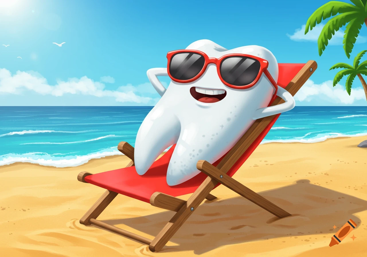 Cartoon illustration of a happy tooth wearing sunglasses, relaxing in a ...