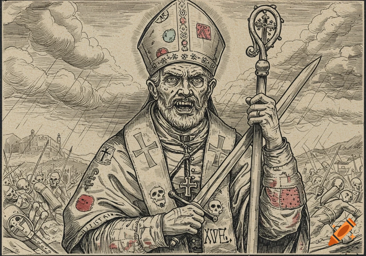 A monstrous cardinal with fangs holds swords and a staff over a ...