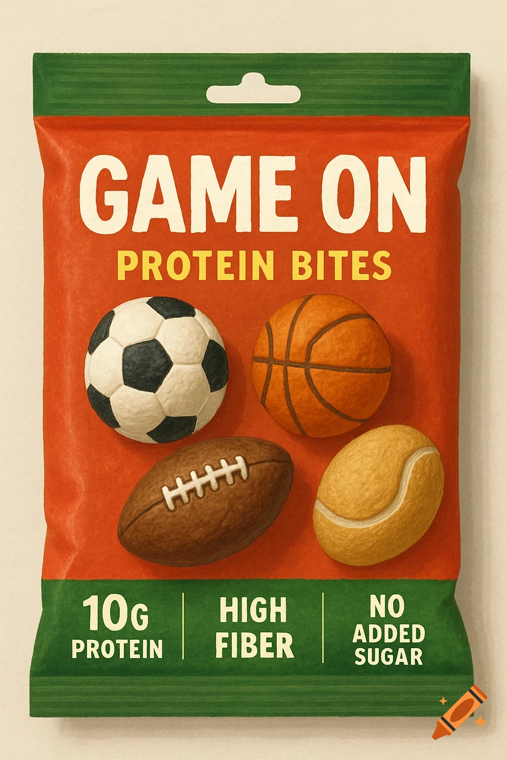 Packaging for Game On Protein Bites featuring a soccer ball, basketball ...