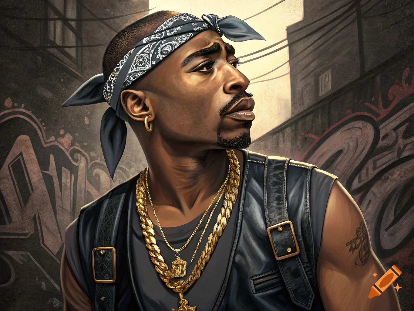 Stylized illustration of Tupac Shakur in a bandana, gold chains, and ...