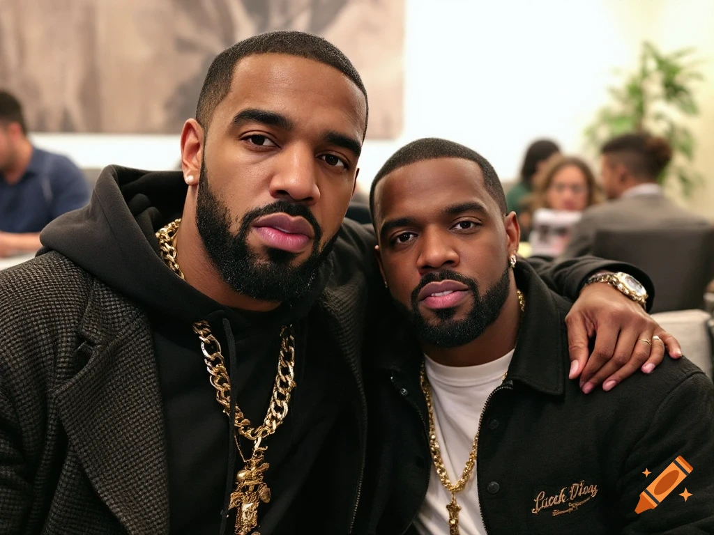 Two men wearing gold chains pose for a portrait on Craiyon