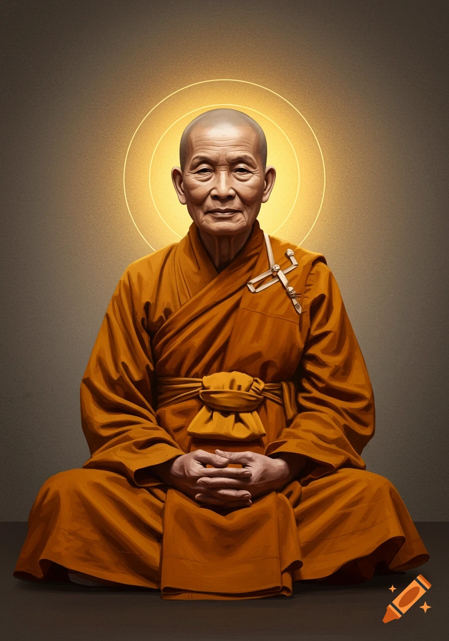 Elderly monk in orange robes sitting cross-legged with a golden halo on ...