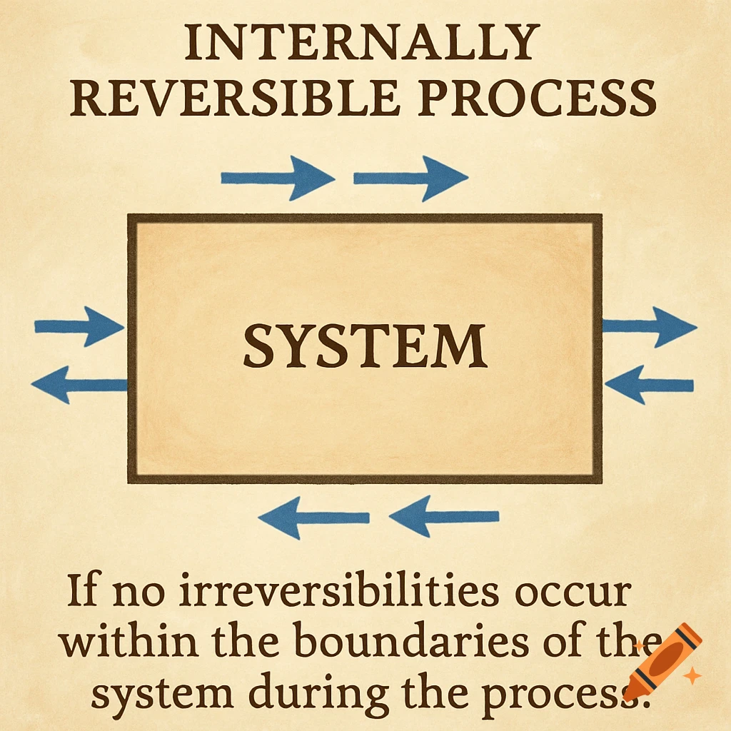 Diagram illustrating an internally reversible process with a system box and arrows. on Craiyon