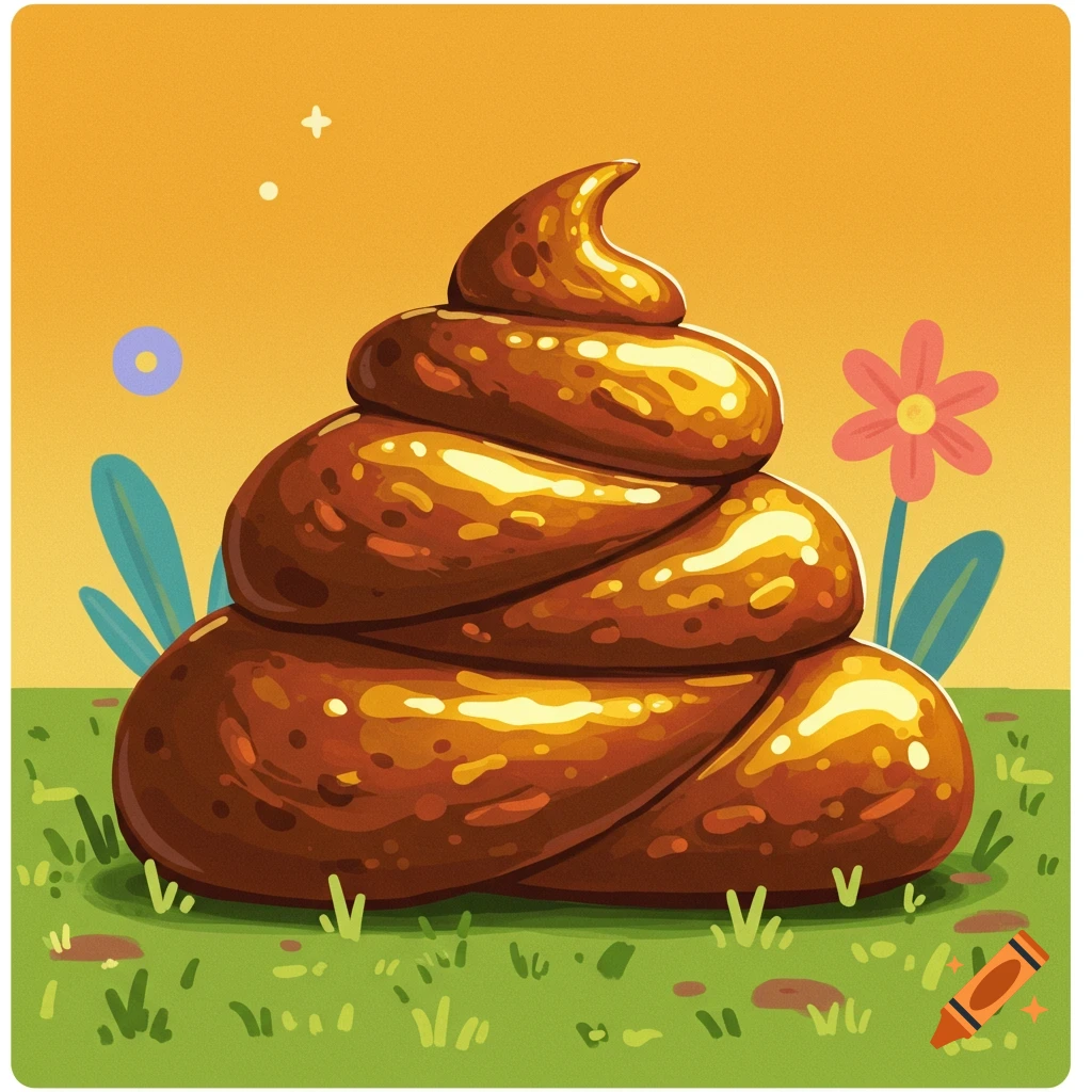 Cartoon illustration of a pile of poop in grass with a flower on Craiyon