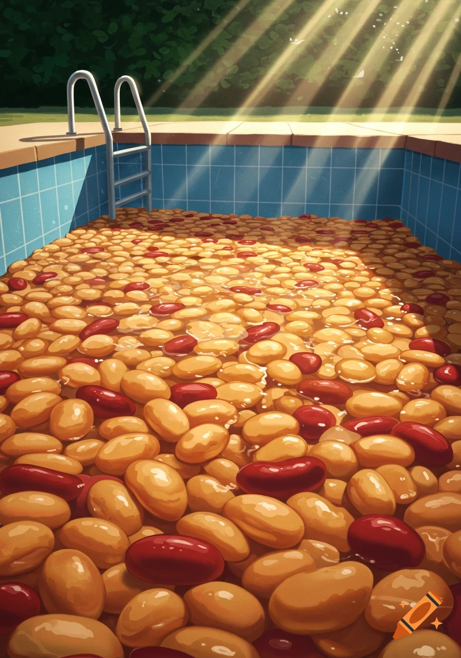 A swimming pool filled with baked beans, with sunlight streaming in. on ...