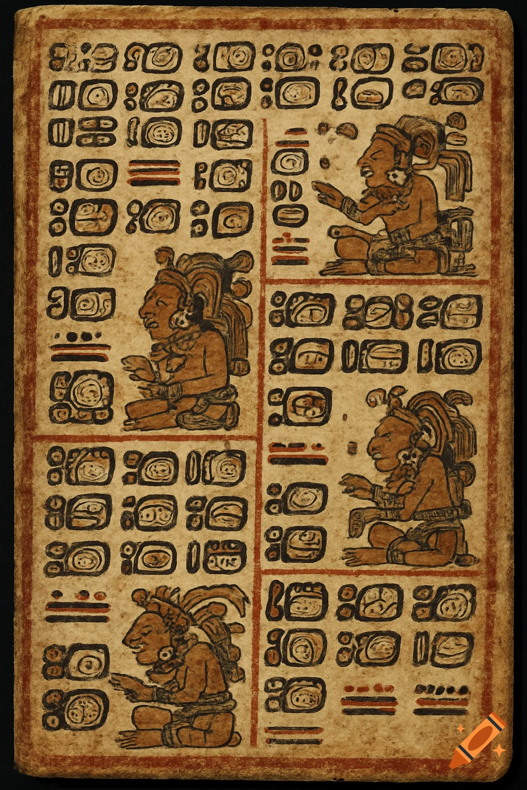 Page from a Mayan codex with columns of glyphs and seated figures. on ...