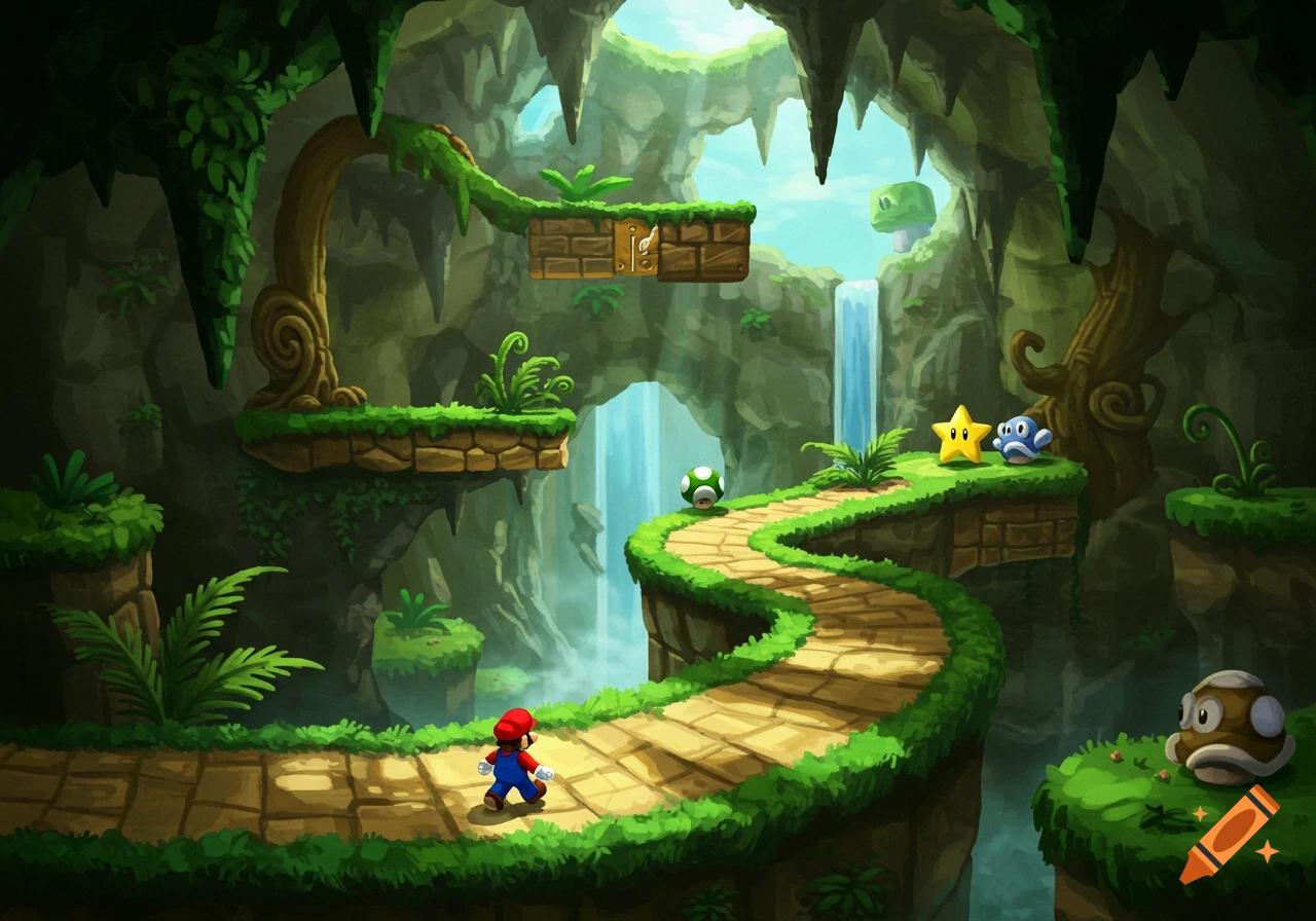 Mario walks through a vibrant painted cave landscape with platforms ...
