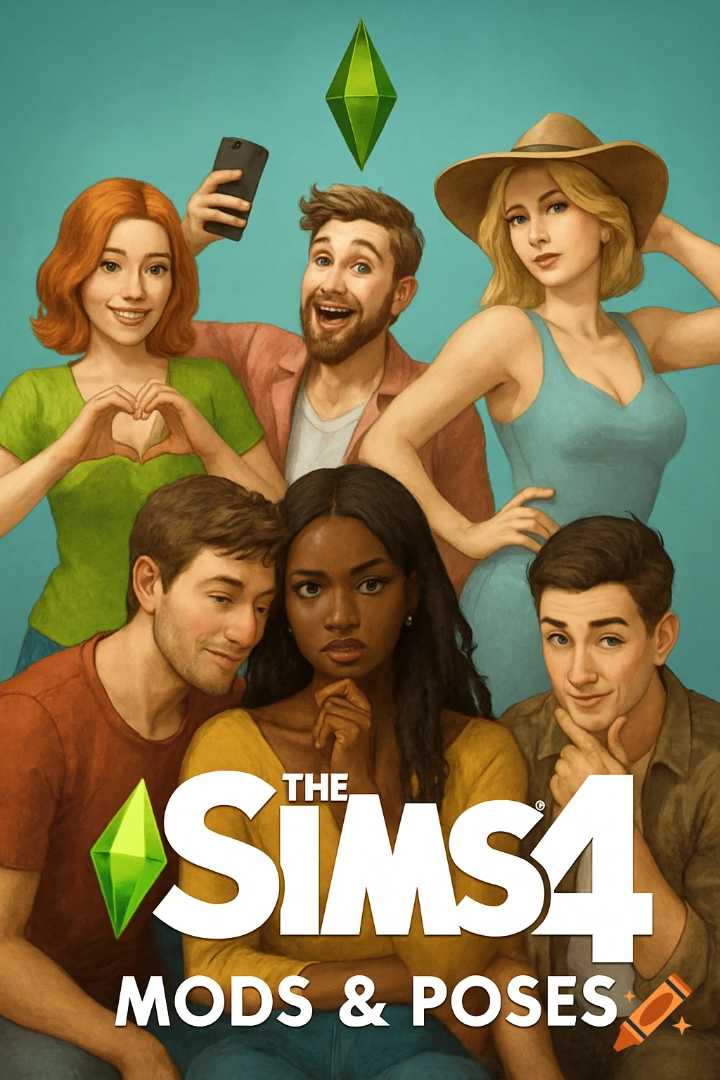 Illustration of diverse characters posing with The Sims 4 logo and ...