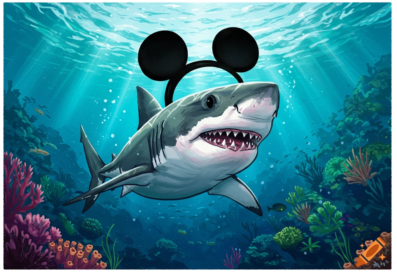 A cartoon shark wearing Mickey Mouse ears swims underwater among coral ...