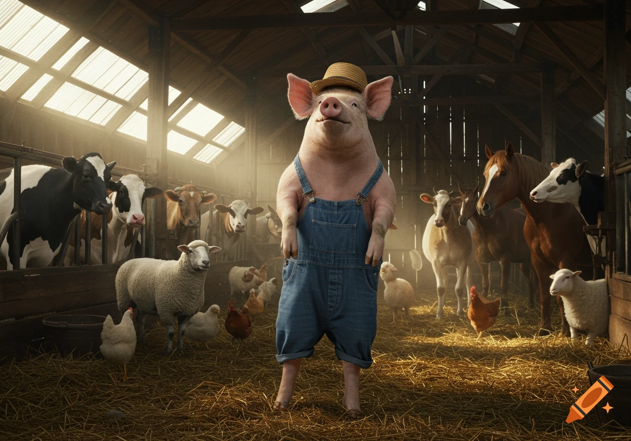 A photorealistic image of a pig wearing overalls and a hat, standing among various farm animals ...