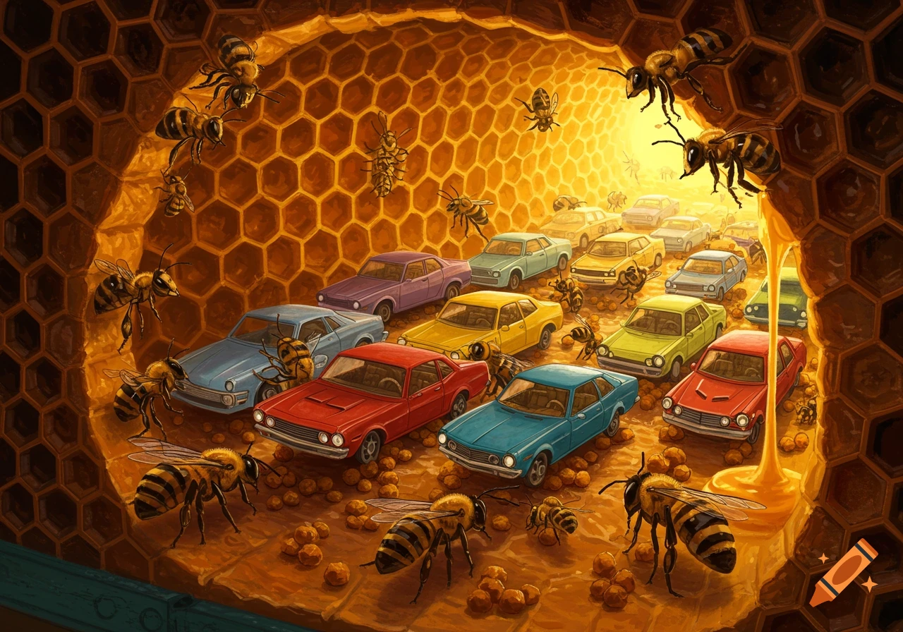 Bees interact with vintage cars in a busy beehive tunnel illustration ...