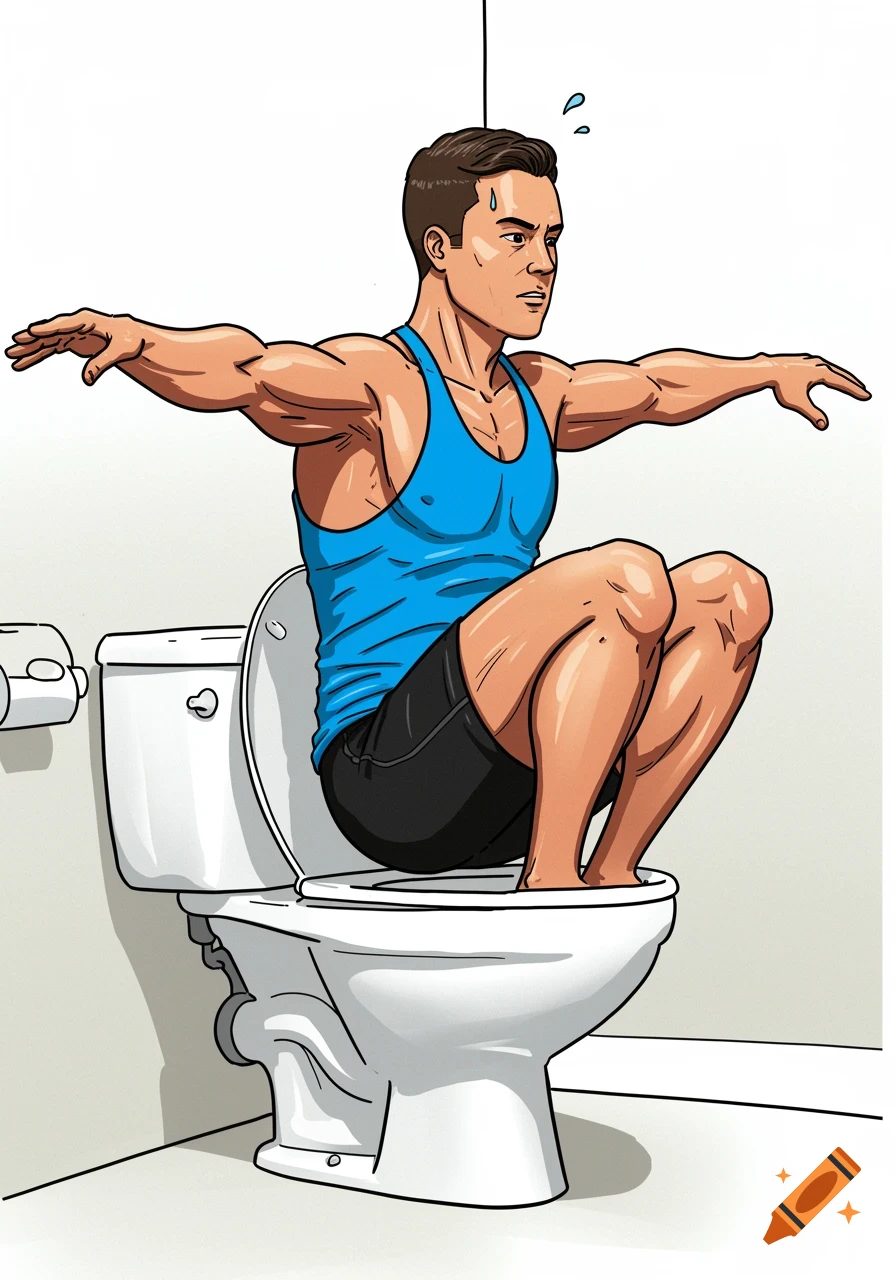 Illustration of muscular man squatting on a toilet with arms extended ...