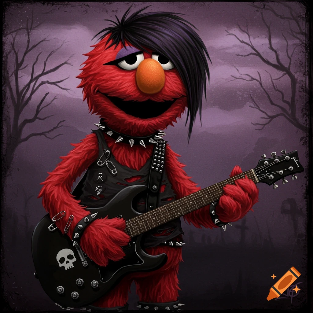 Emo Elmo plays a guitar in a spooky graveyard setting. on Craiyon
