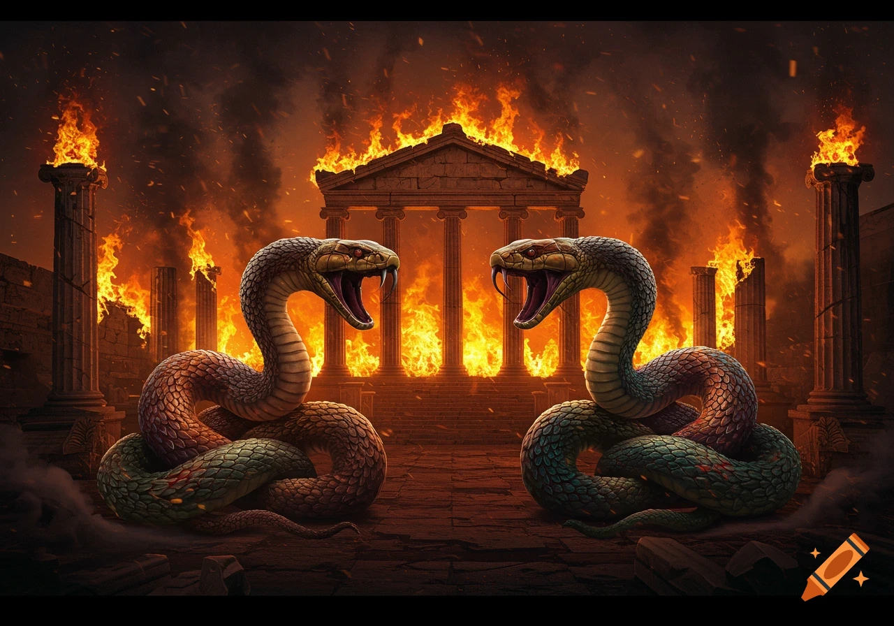 Two large snakes face each other in front of a burning ancient Greek ...