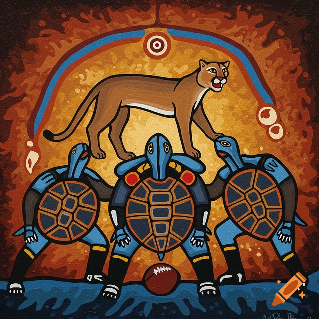 Stylized painting of a cougar on top of three turtles playing football ...