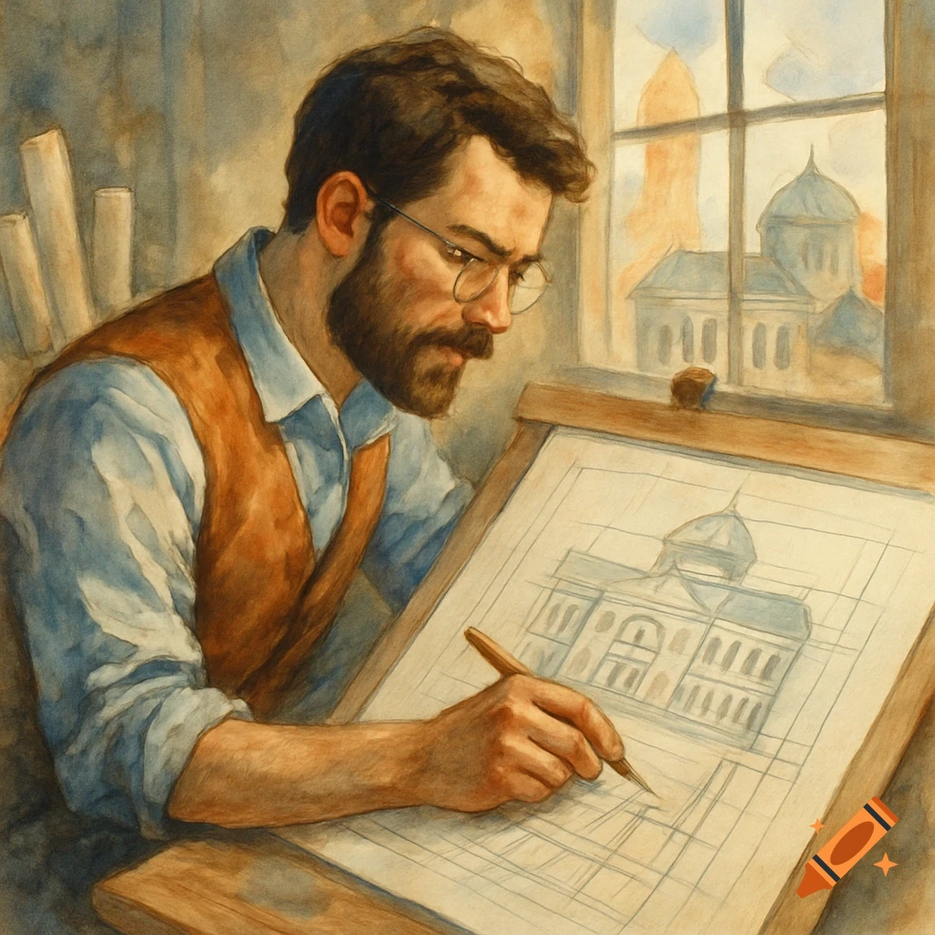 Man with beard and glasses drafting architecture on a board, watercolor ...