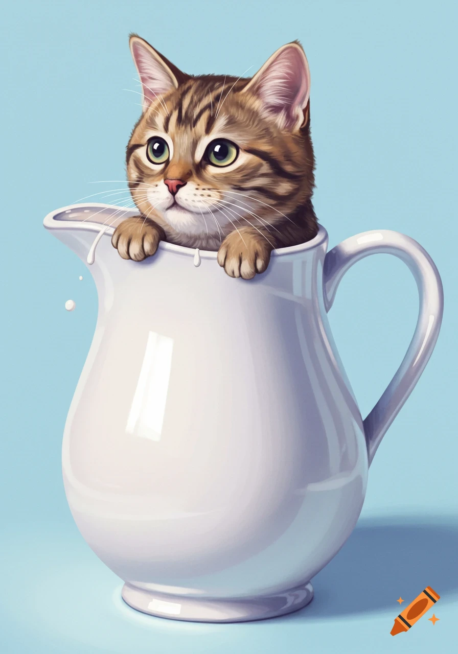Tabby cat sitting in a white milk pitcher, digital illustration. on Craiyon