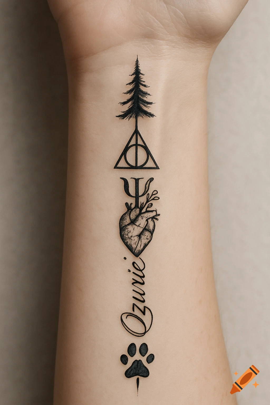 A tattoo on an arm featuring symbols: pine tree, Deathly Hallows, Psy ...