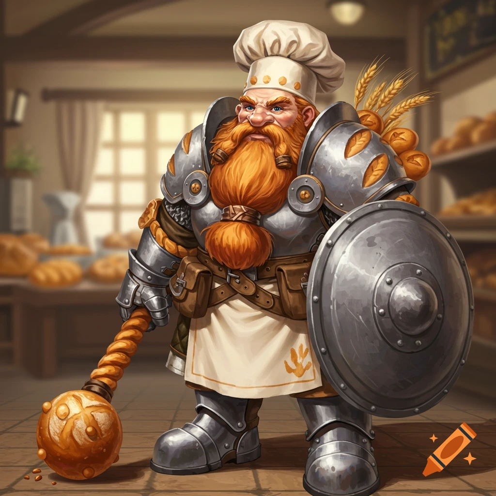 A fantasy dwarf character in armor and baker's hat stands in a bakery ...
