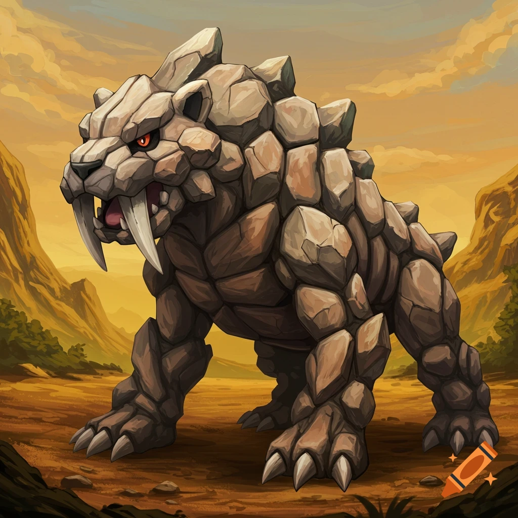 A creature made of rocks, resembling a saber-toothed tiger, stands in a ...