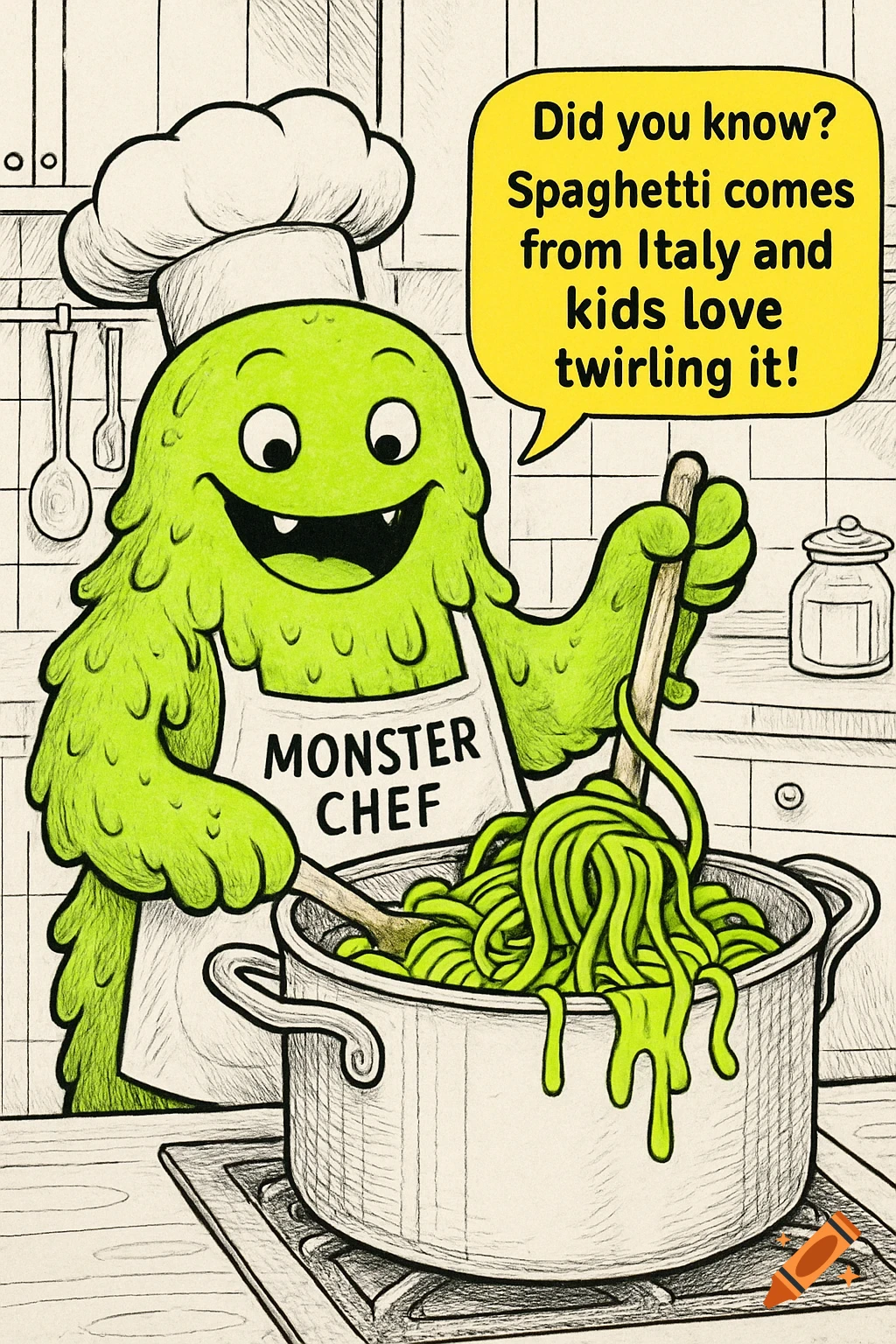 Green monster chef in hat and apron stirs green spaghetti in pot ...