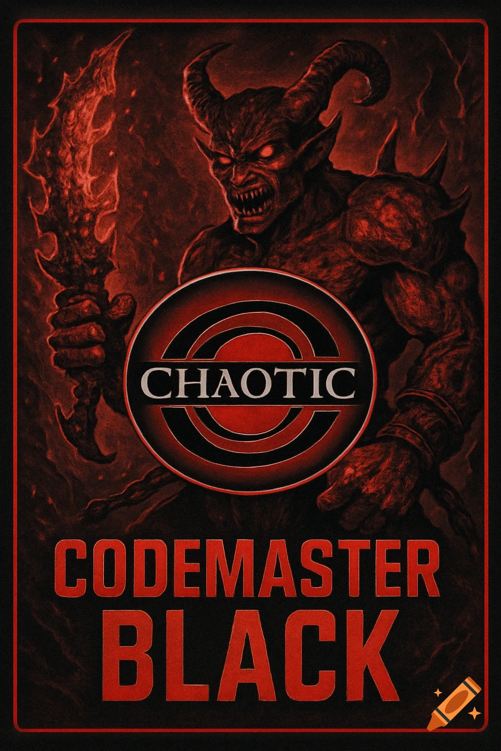 Red and black illustration of a demonic creature holding a fiery sword ...