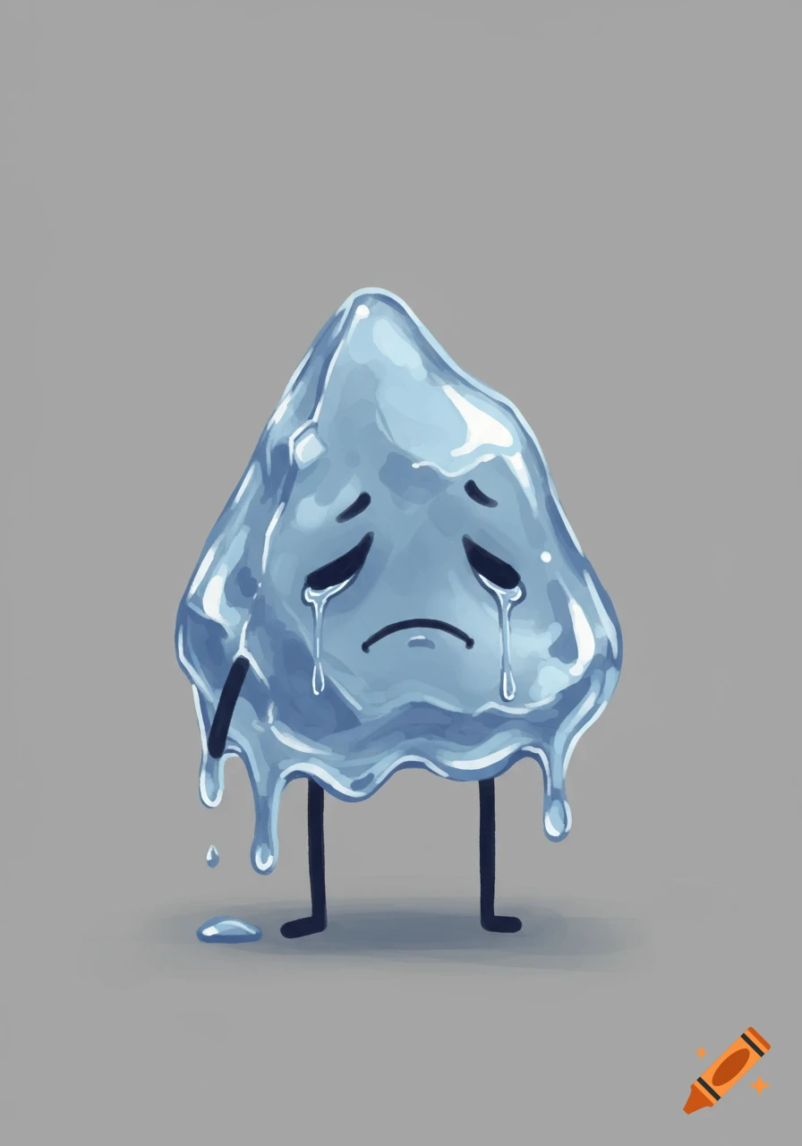 A sad, anthropomorphic ice character melts and cries tears. on Craiyon