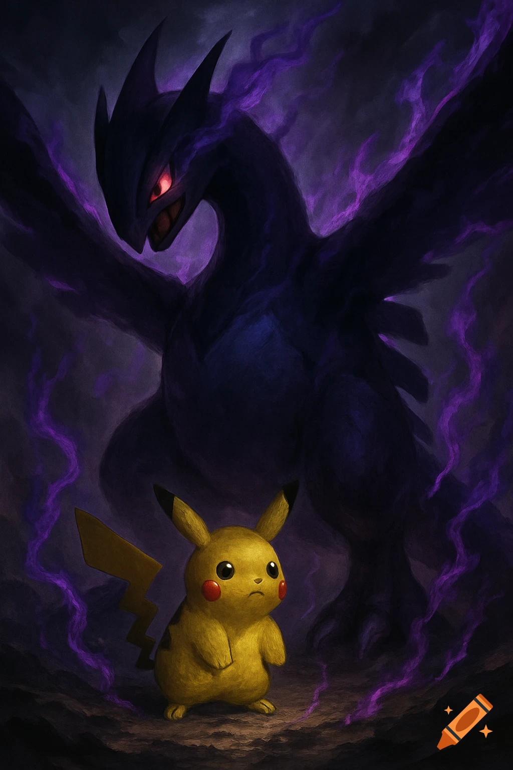 Pikachu facing a dark Shadow Lugia with purple energy in a dramatic ...