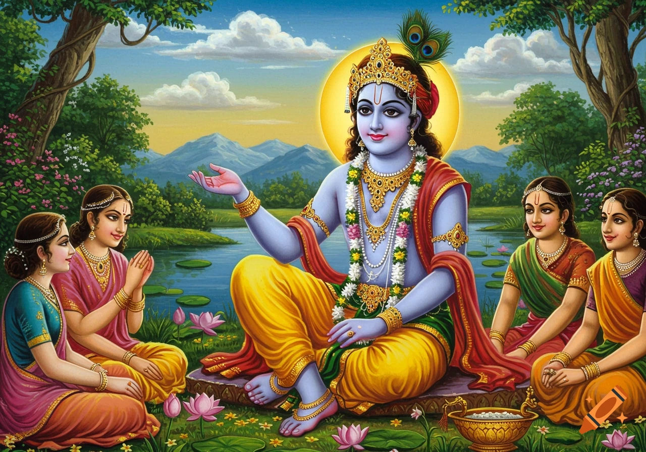 Lord Krishna teaching disciples by a lake in a vibrant traditional ...