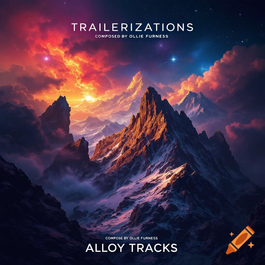 Dramatic mountain landscape with sunset clouds and stars, featuring ...