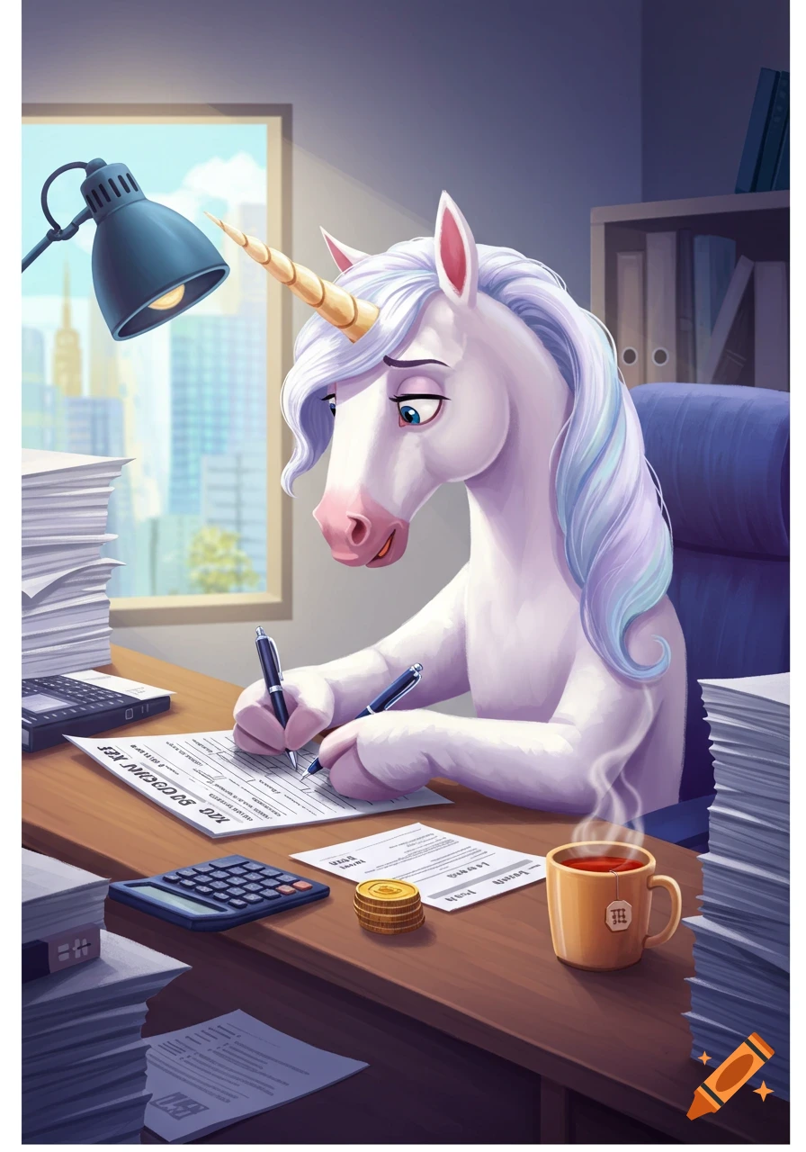 Cartoon unicorn looking tired while doing paperwork at an office desk ...