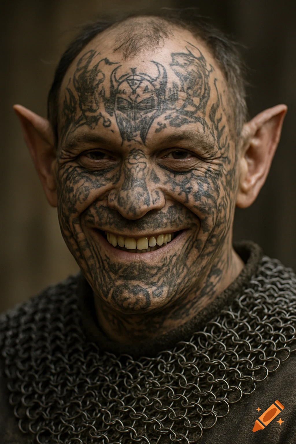 Close-up portrait of an elf man with black tattoos covering his face ...