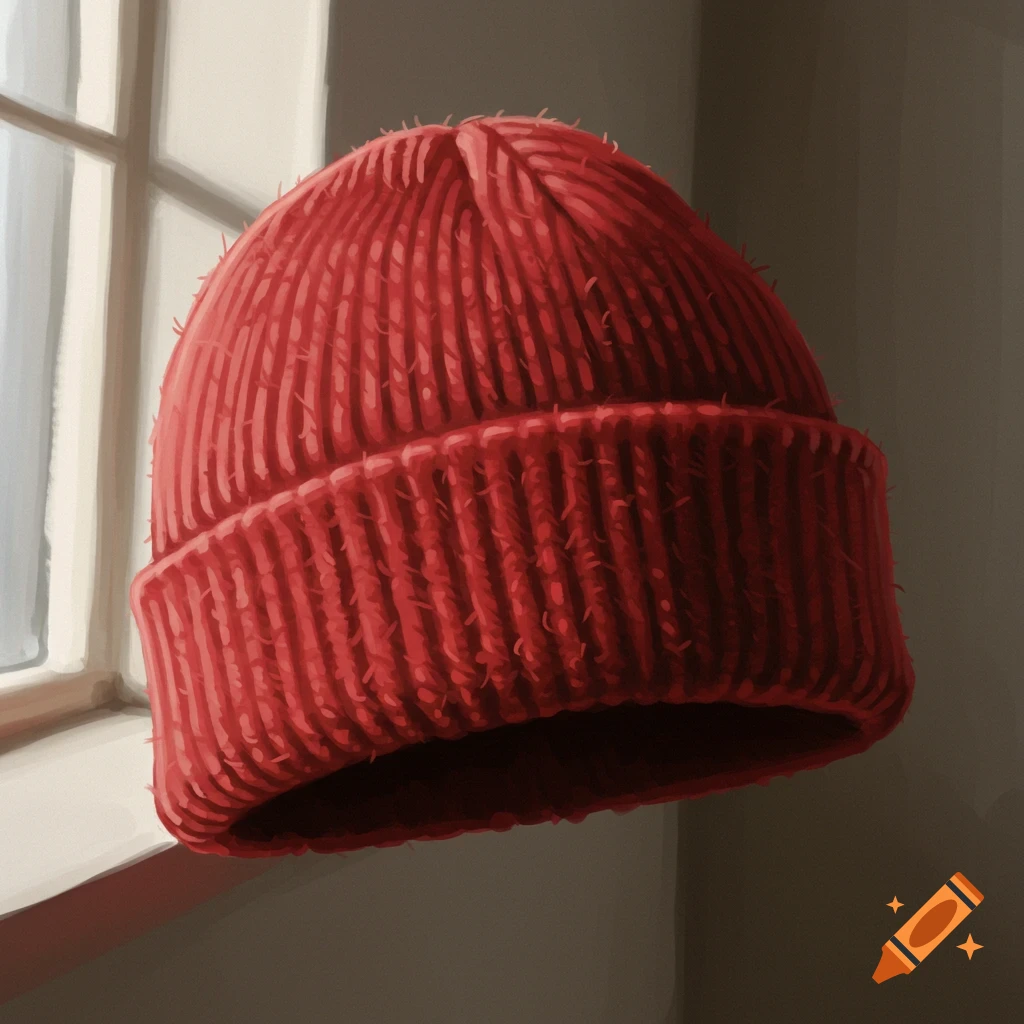Red knitted beanie hat floating near a window in a digital painting. on ...