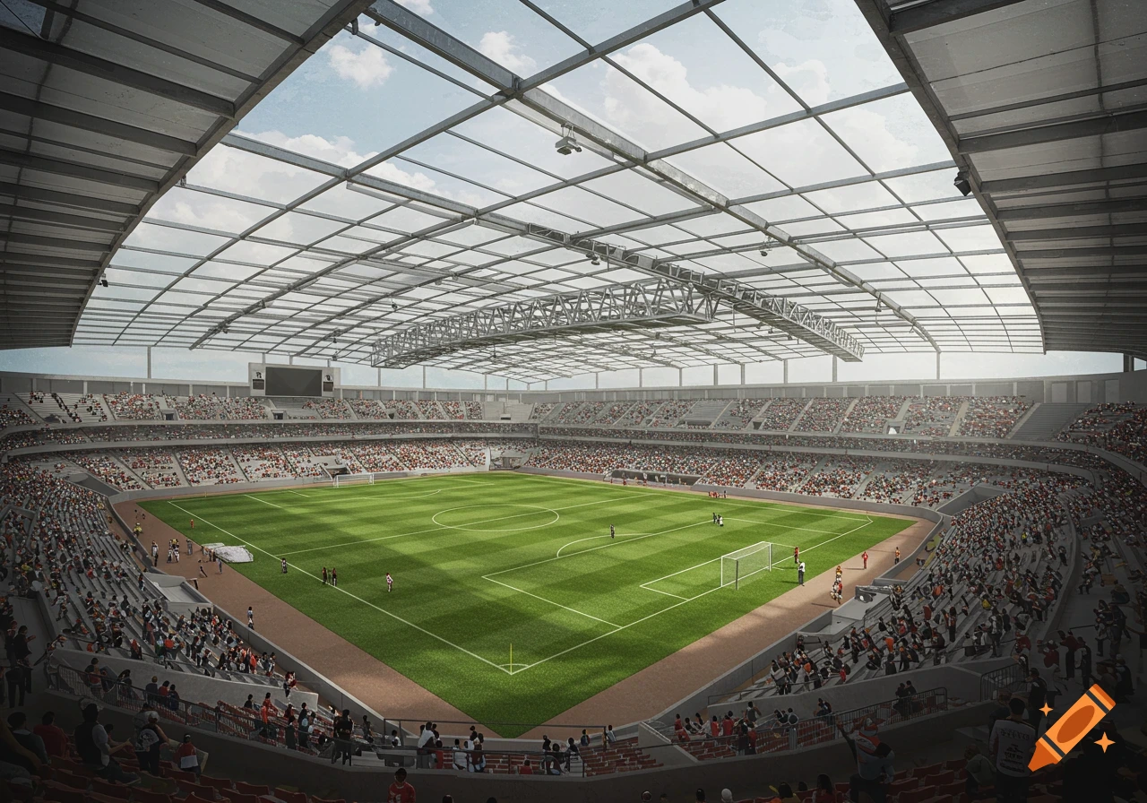 Photorealistic view inside a large soccer stadium with a transparent ...