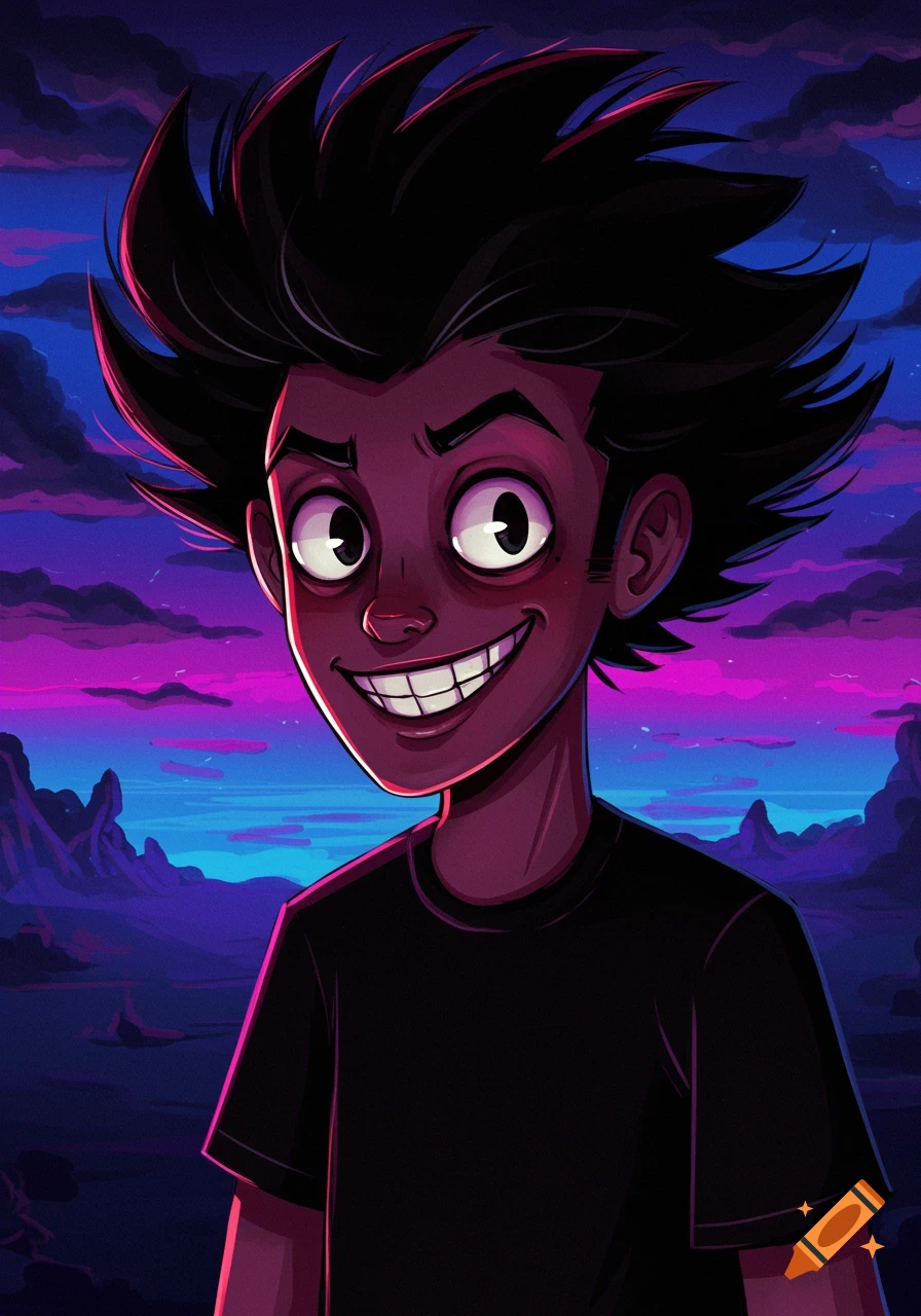 Stylized cartoon portrait of a grinning person against a purple and ...