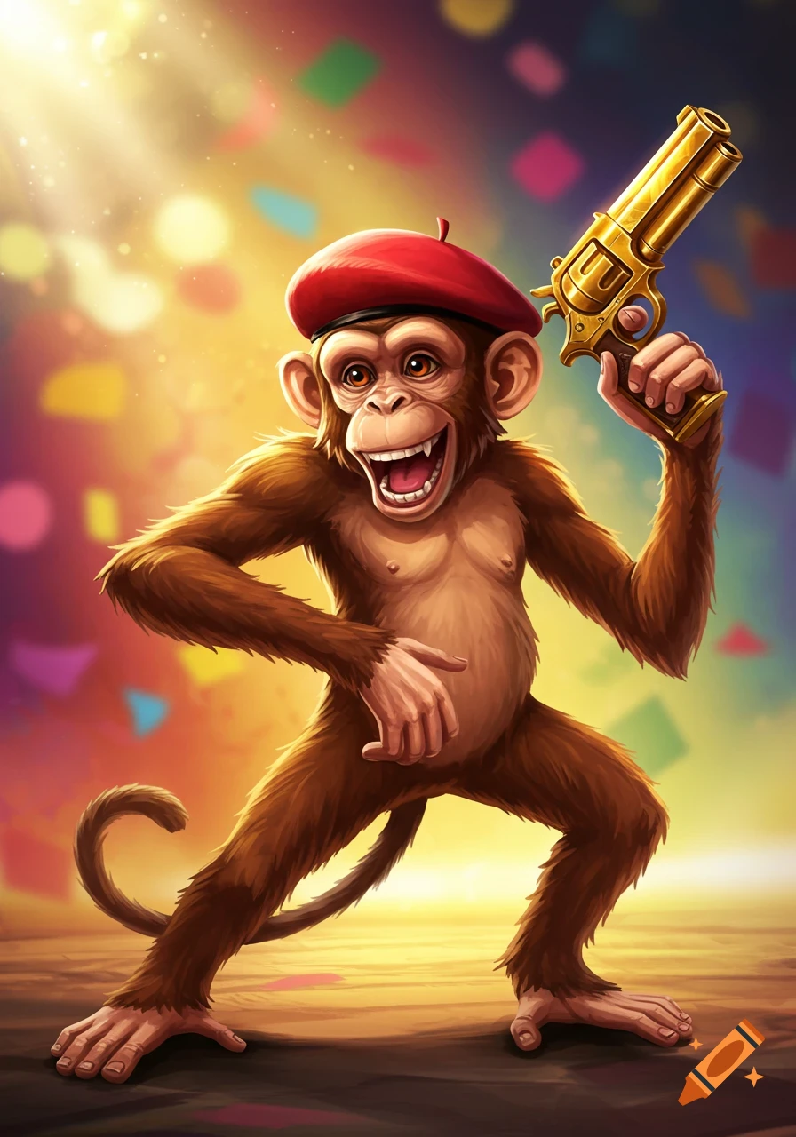 Cartoon monkey in red beret dancing with a golden gun amidst confetti ...