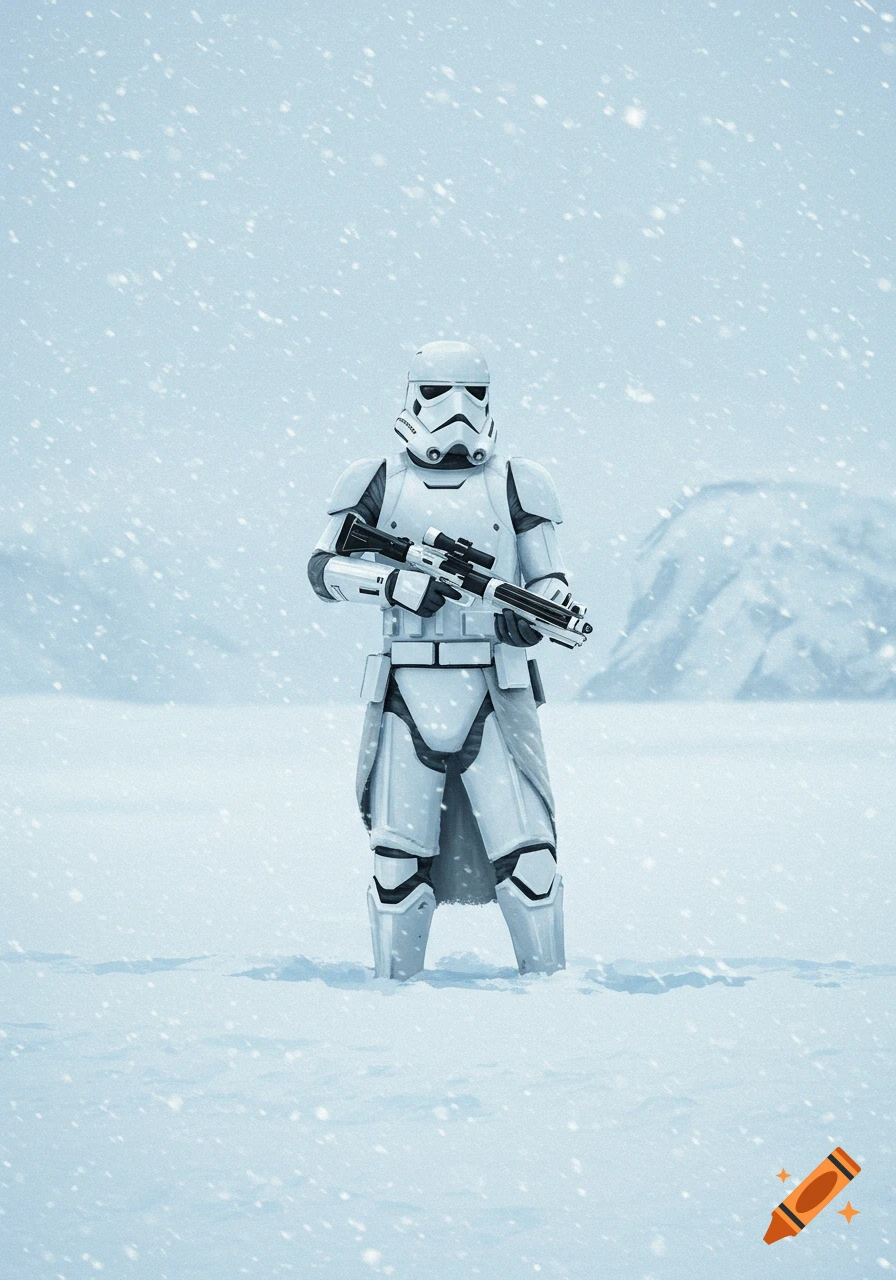 A Star Wars First Order Snowtrooper stands in a snowy landscape during ...