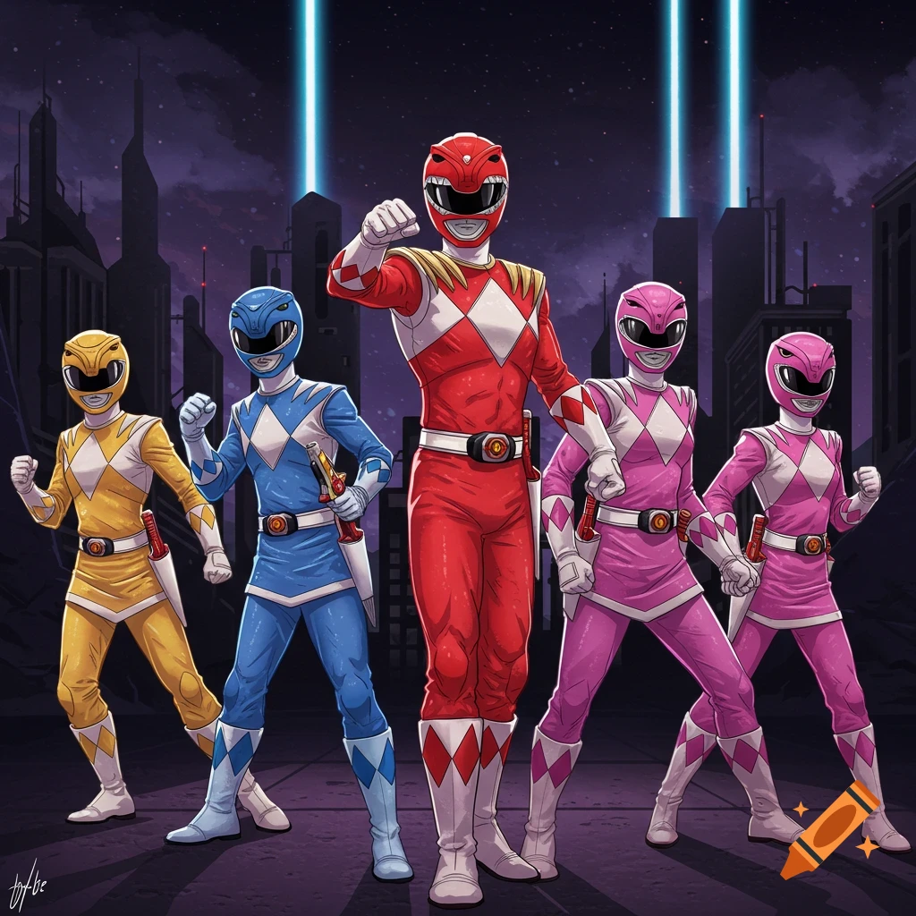 Five Power Rangers stand in a city at night, comic book style ...