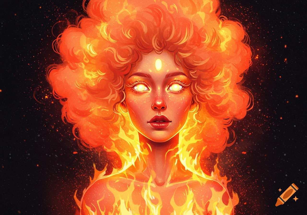 Stylized illustration of a woman with curly orange fire hair and ...